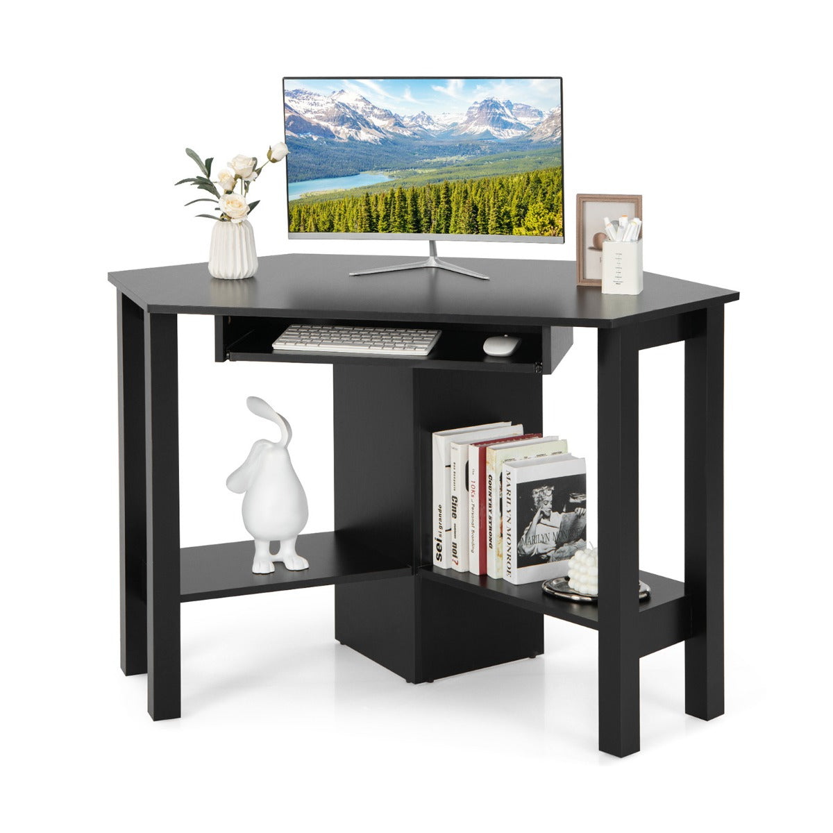Corner Computer Desk with Keyboard Tray and 2 Open Storage Shelves-Bla ...